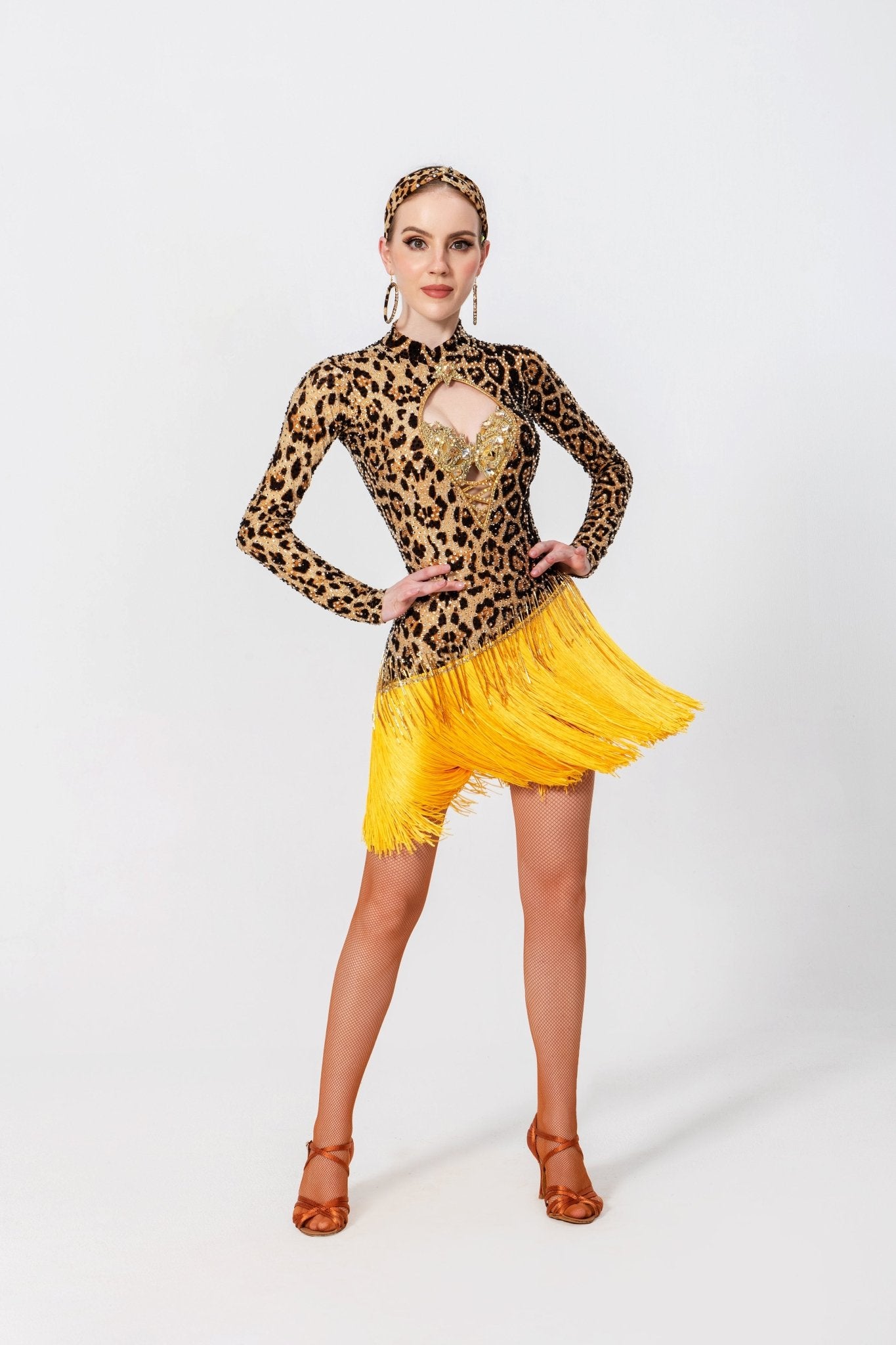 Long-sleeves Crystalline Leopard Print Fringe Latin Dress Latin/Rhythm ...